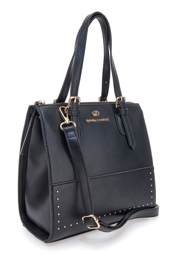 Borsa a Mano Nera con Dettagli Color Oro e Doppio Manico DOUBLE CHECK ...